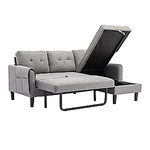 Verfur Convertible Sofa Sleeper Pull Out Bed, 3-Seater L-Shaped Couch with Storage Chaise and Side Pockets, Soft Upholstered Corner Sofa&Couches Sectional, Gray 72.44"