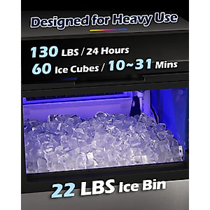 Commercial Ice Machine, 130LBS/24H, 60 Ice Cubes/Cycle Free Standing Under Counter Ice Maker w/Large Ice Bin, 2 Auto Water Inlet Modes, Self Clean, 24H On/Off Timer for Home Party & Business