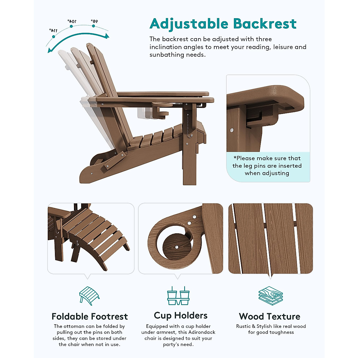 SERWALL 5-Piece Adirondack Chair and Ottoman and Table Set, Brown