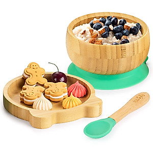 Suction Bowl with Lid and Spoon for Babies and Toddlers,Stay Put Feeding Bowl,Natural Bamboo Wood for Easy Clean Tableware, Perfect for Babies’ weaning Journey | Set of 3
