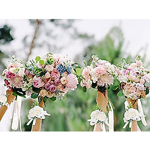 Whaline 4Pcs Wedding White Rose Boutonniere and Wristlet Set Handmade Artificial Rose Wrist Strap Corsage Silk Satin Wristband Groom Bride Boutonniere Pin for Groomsmen Wedding Prom Suit Decorations