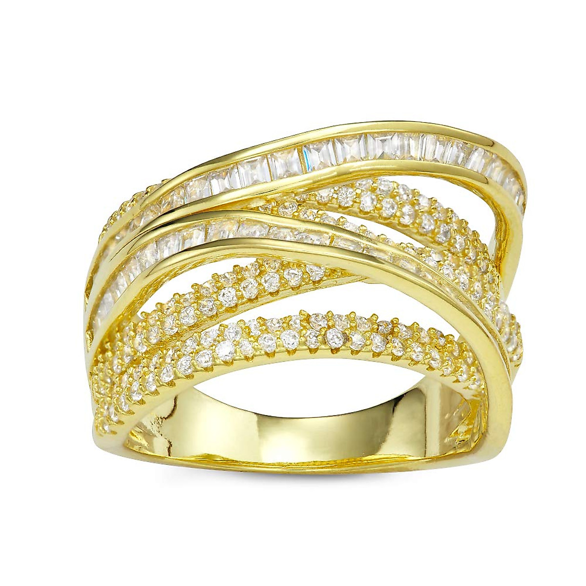 Celebration Moments 14KT Yellow Gold, Rose Gold Plated .925 Sterling Silver Channel Set and Cubic Zirconia CZ Cross Over Cockatail Ring For Women Sizes 5-10 (14kt Yellow Gold, 6)