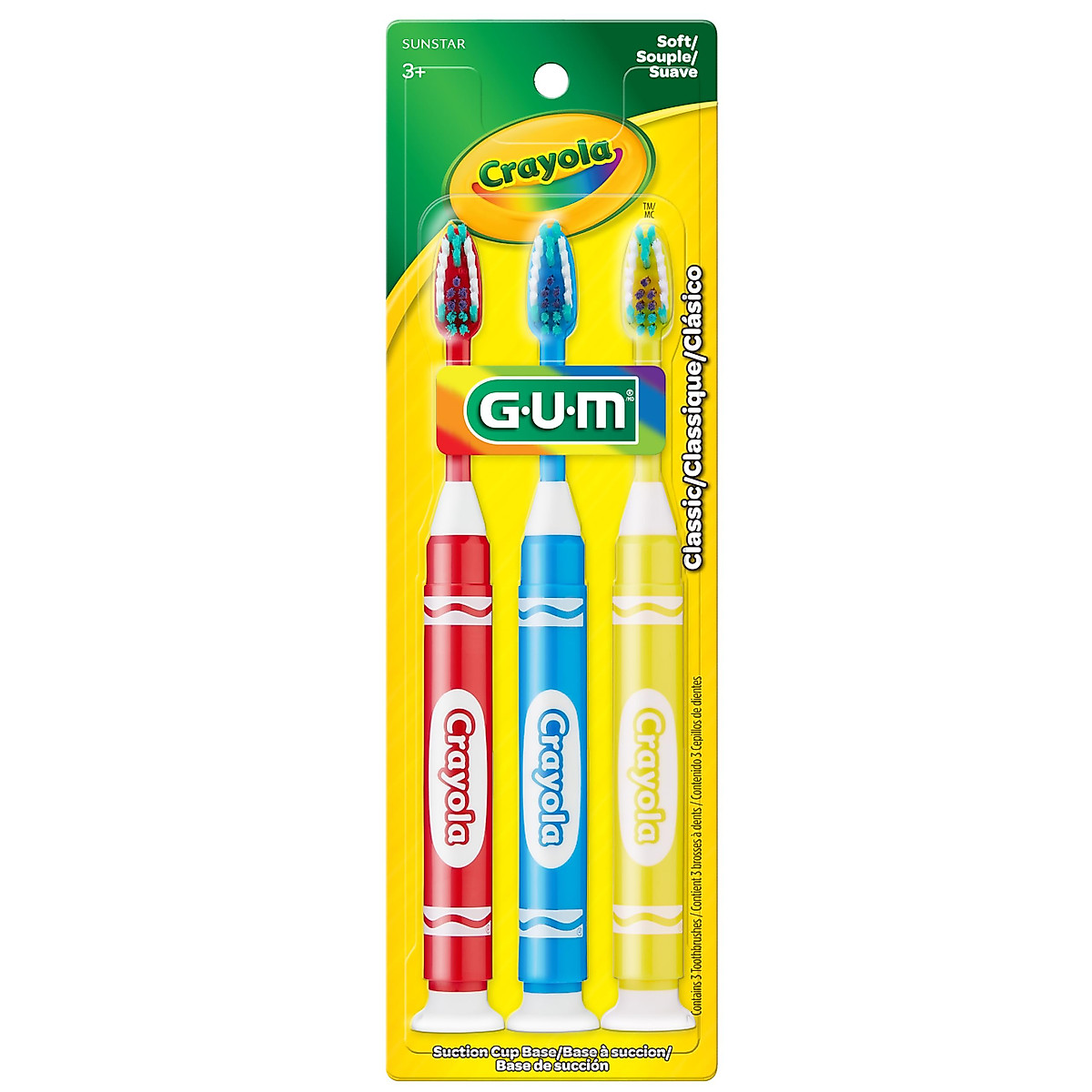 GUM Crayola Marker Children’s Toothbrush, Soft Bristled Kids’ Toothbrush Set Age 3+, Suction Cup Base, 3 Count