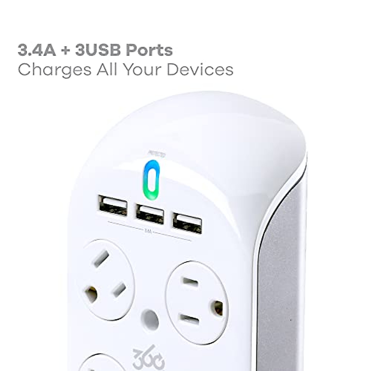 360 Electrical Revolve 3.4 Surge Protector, 4 AC Outlets/2 USB Ports, 918 J, White/Gray