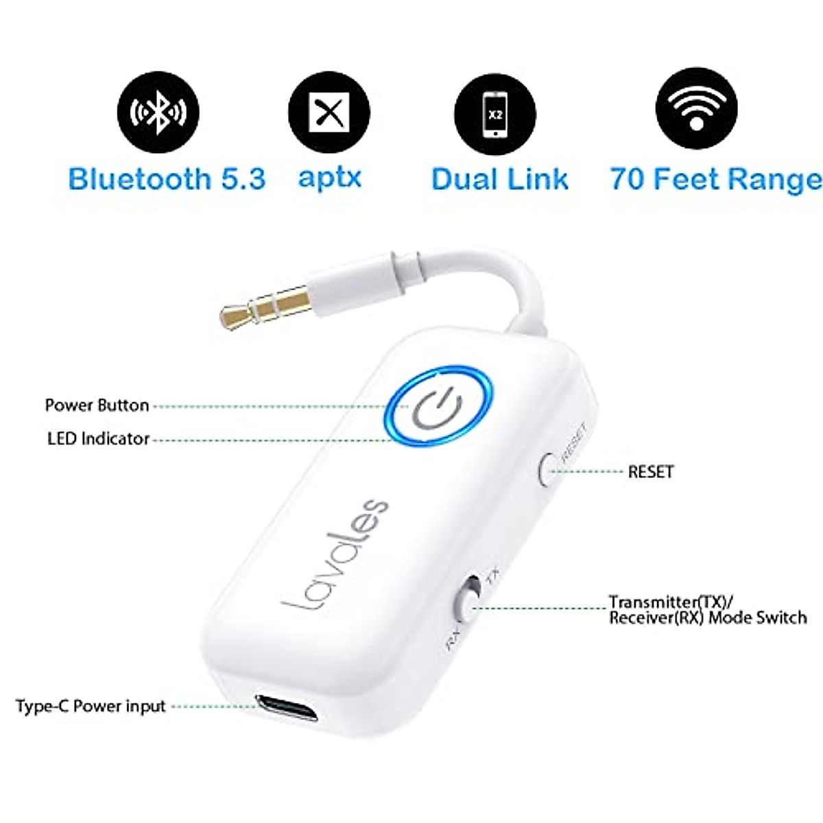 Lavales Wireless Bluetooth 5.3 Audio Transmitter Receiver Adapter for Airplane, Gym/TVs/Gaming Consoles/Car/PC/Home Stereo, 3.5 mm Jack, AptX Adaptive/Low Latency,Dual Paring,Rechargeable,HD Stereo