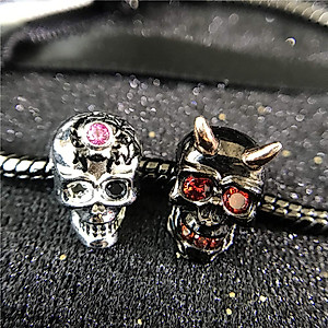 GNOCE [2 Pack] "Classic Skull Set" Charm Set Sterling Silver with Rhodium Plated Black Devil Skull Spider Web Skull Combination Charm Bead Fit Bracelet/Necklace Halloween Jewelry Gift for Women Mens