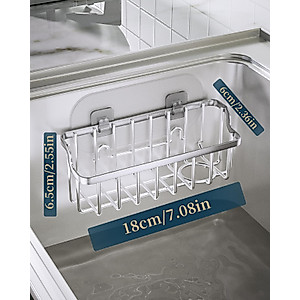 Consumest Sponge Holder for Kitchen Sink with Adhesive Hook & Suction Cups, Rustproof Stainless Steel Sink Caddy, Kitchen Sink Organizer for Sponge, Brush, Sink Stopper - Silver