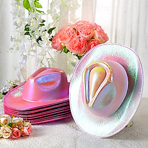Yahenda 12 Pcs Bachelorette Cowgirl Hats Holographic Bride Cowboy Hat for Western Bachelorette Party Bride Bridesmaid Wedding (White, Pink)