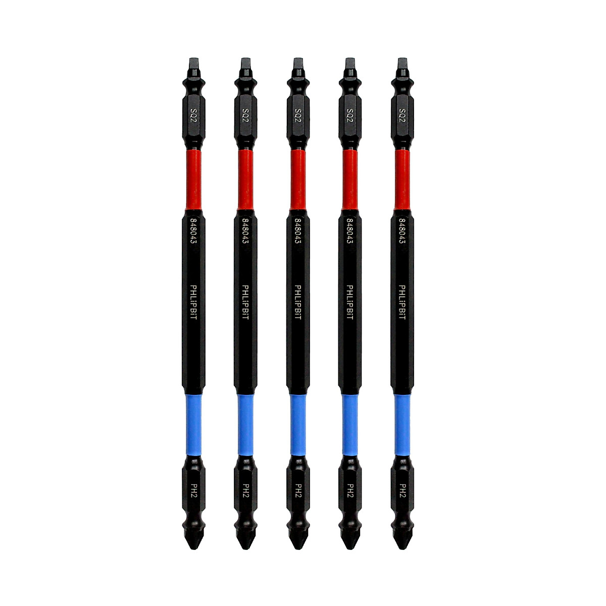 PHLiPBiT - Double-End, Impact Rated Screwdriver Power Bit, IRPB6SQPH2-5, SQ2+PH2, 6 INCH, 5pk. (SQ2 Red drives #8/10 Square + PH2 Blue drives #8/10 Phillips Screw)