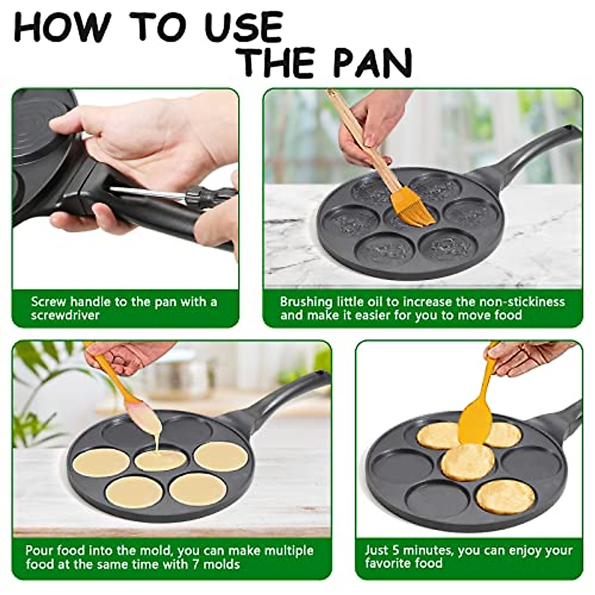 KRETAELY Nonstick Pancake Pan Pancake Griddle With 7-mold Design Mini Pancake Maker With 100% PFOA Free Coating-black
