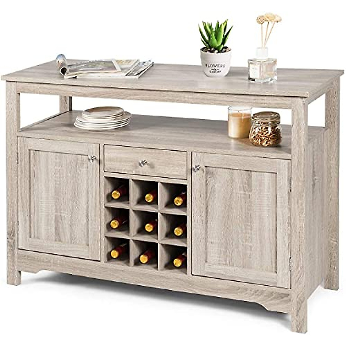 ReunionG Buffet Sideboard, Wine Console Table, Wooden Kitchen Organizer w/2 Cabinets, 1 Drawer and 9 Wine Cabinets, Farmhouse Storage Cupboard, Wine Rack, Server Table, Dining Room Furniture (Gray)