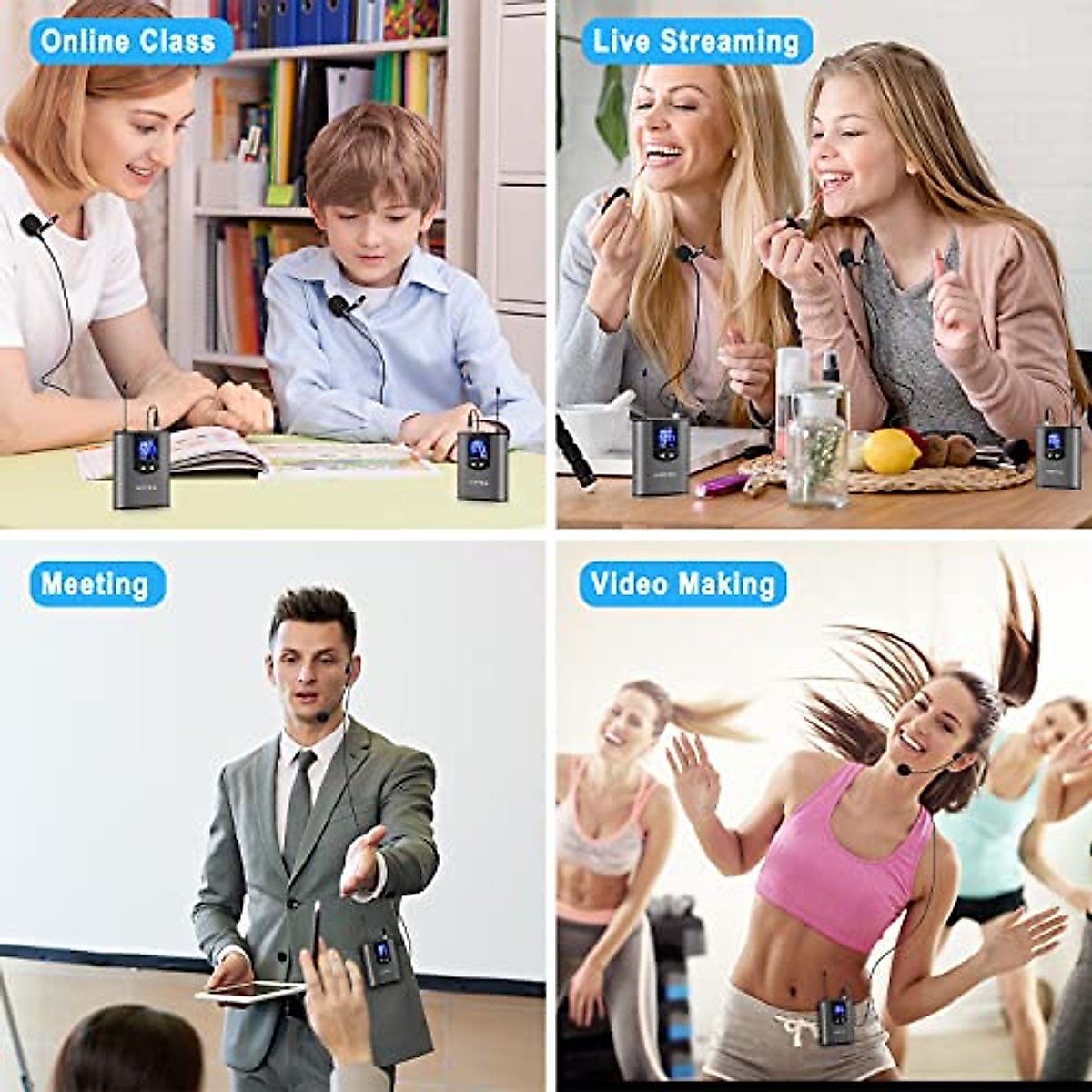 HOTEC UHF Wireless Headset Microphone/Lavalier Lapel Mic with Bodypack Transmitter and Mini Rechargeable Receiver 1/4" Output for Vlogging or Speech