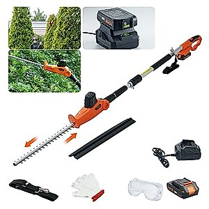 VEVOR Pole Cordless Hedge Trimmer, 20V Electric Bush Trimmer Kit with 18 inch Double-Edged Steel Blade, 74"-94" Telescoping Design for High Branches(2.0Ah Battery & Fast Charger Included)