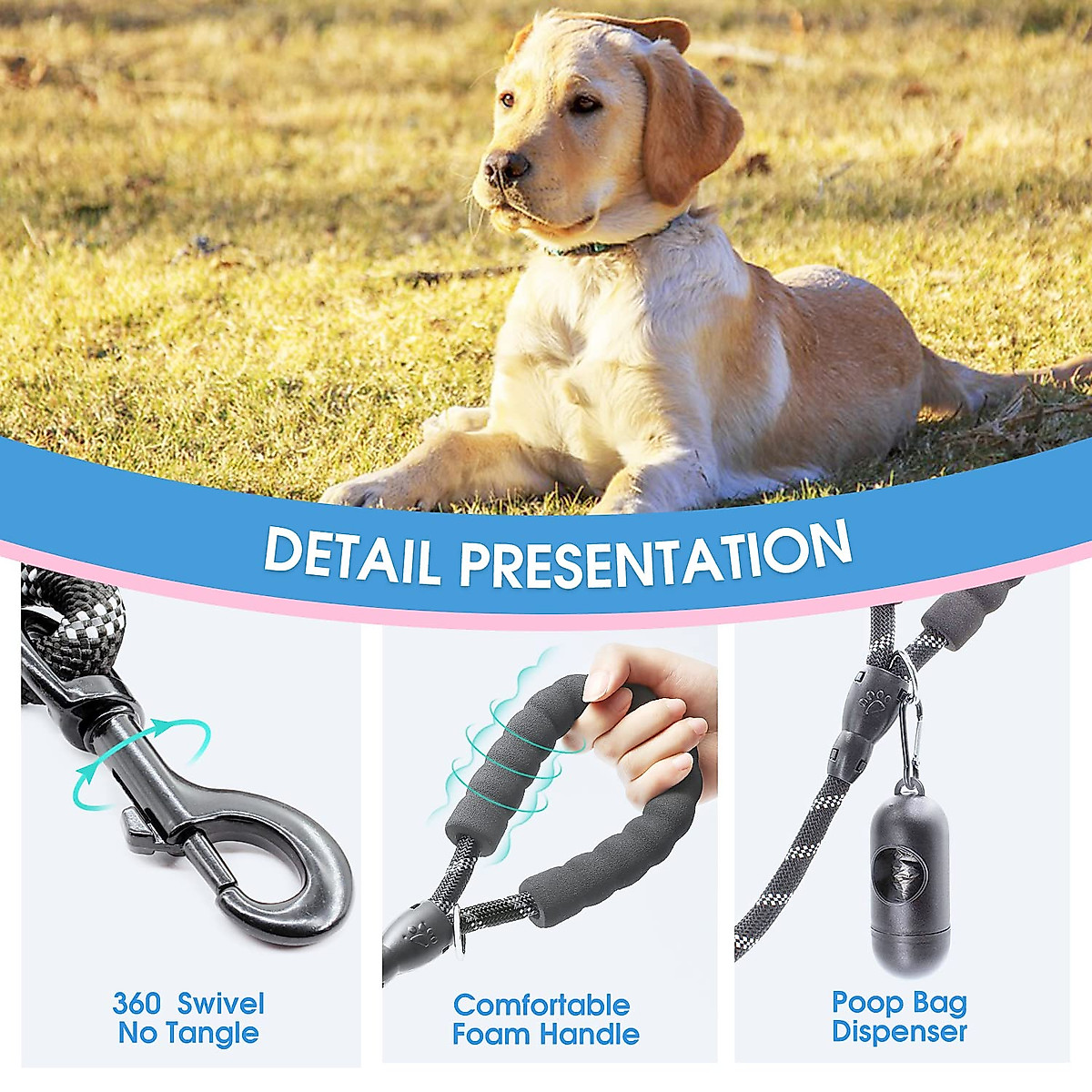 BAAPET 2/4/5/6 FT Dog Leash with Comfortable Padded Handle and Highly Reflective Threads for Small Medium and Large Dogs (6FT-1/2'', Black)