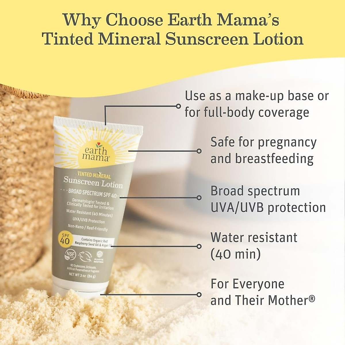Earth Mama Tinted Mineral Sunscreen Lotion SPF 40, Contains Organic Argan and Red Raspberry Seed Oil, 3-Ounces