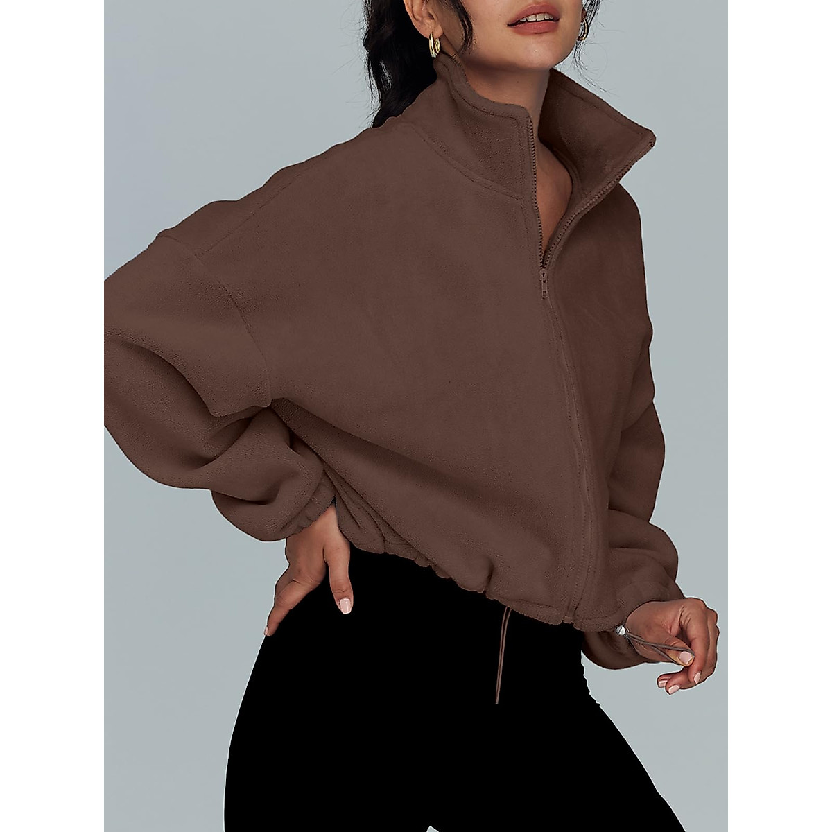 AUTOMET Womens Fleece Jackets Zip Up Oversized Sweatshirts Winter Clothes Long Sleeve Crop Sherpa Fall Outfits Fashion Brown S