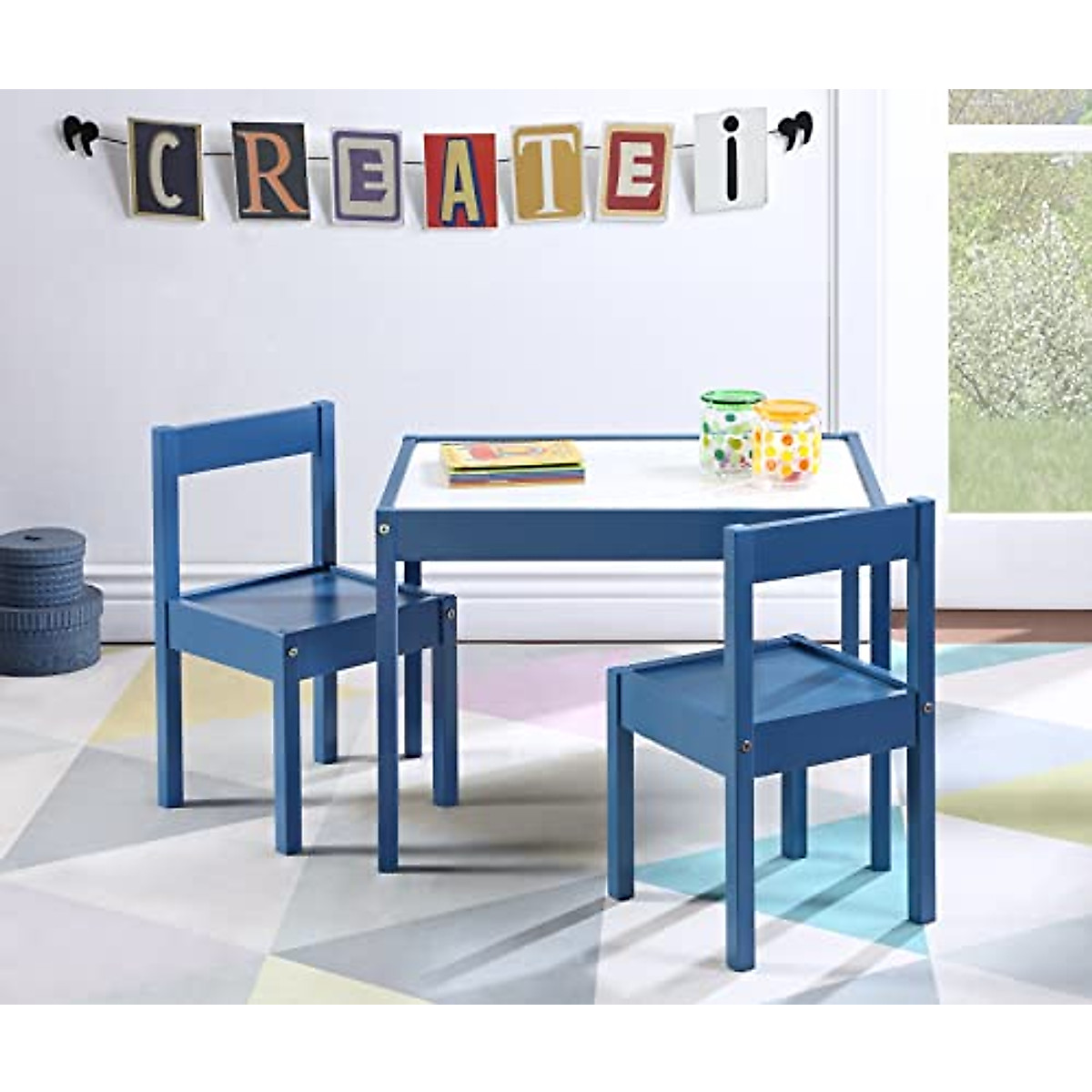 Olive & Opie Gibson 3-Piece Dry Erase Kids Table & Chair Set, Blue