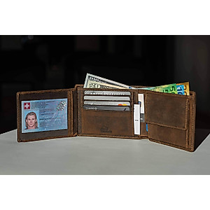 DiLoro Mens Buffalo Leather Wallet Bifold Flip ID Section Coin RFID Protection Full Grain Credit Card Holder Purse (Dark Hunter Brown)