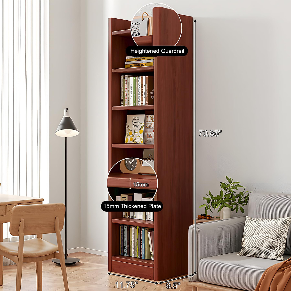 6-Tier Open Shelf Bookcase, 71'' Brown Corner Bookcase with Storage,Open Display Cabinet with Back Panel, Tall Narrow Bookcase for Home Office Classroom