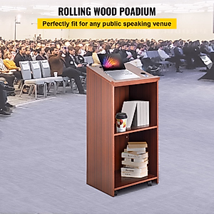 VEVOR Wood Podium, 23.6" x 47.2", Lecterns and Podiums w/ 4 Rolling Wheels, Slant Surface, Baffle Plate & Shelf, Easy Assembly Walnut Lecterns for Church, Office, School, Home