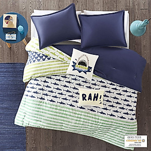Urban Habitat Kids 100% Cotton Comforter Set-Fun Print and Vibrant Color Modern Design All Season Cozy Bedding,Matching Shams,Decorative Pillow, Full/Queen,Shark Stripes Green/Navy with 2dec pillows