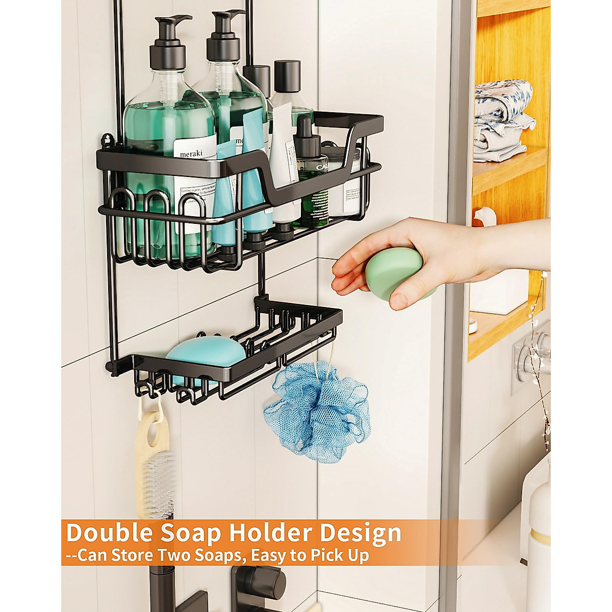 SWTYMIKI 3 Tier Rustproof Hanging Shower Caddy with 16 Hooks & Dual Soap Holder, Large Capacity Over Shower Organizer for Bathroom Shower Room, Black