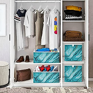 xigua Turquoise Marble Rectangle Storage Bin Large Collapsible Storage Basket Toys Clothes Organizer Box for Shelf Closet Bedroom Home Office, 15.8 x 10.6 x 7 Inch
