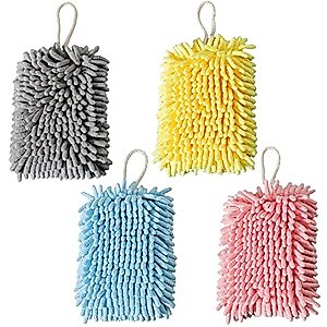 4 Pack Chenille Hand Towel Ball Soft Absorbent Microfiber Hanging Hand Towels Plush Quick-Drying Chenille Ball Hand Towels with Hanging Loops for Bathroom Kitchen (Multicolor)