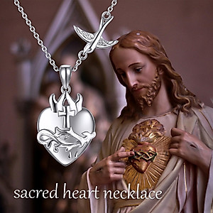 JERWLI Flaming Sacred Heart of Jesus Necklace S925 Sterling Silver Catholic Faith Charm Pendant Love of God Thorn Jewelry Easter Gifts