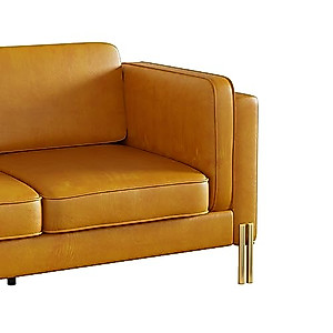 Goohome 94.88" Large PU Faux Leather Sofa, Mid-Century Modern Comfort Breathable Upholstered 3-Seater Sofá with Gold Metal feet and Removable Cushions, for Living Room Furniture Apartment, E-Brown a