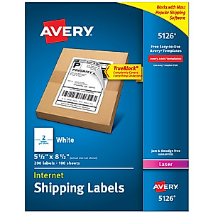 Avery 5126 Shipping Address Labels, Laser Printers, 200 Labels, Half Sheet Labels, Permanent Adhesive, TrueBlock, White