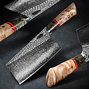 FZIZUO Damascus Kitchen Chinese Cleaver,7.5in Professional Handmade Chopping Chopper Knives with Burl Stabilized Wood Handle for Meat and Vegetable in Home&Restaurant