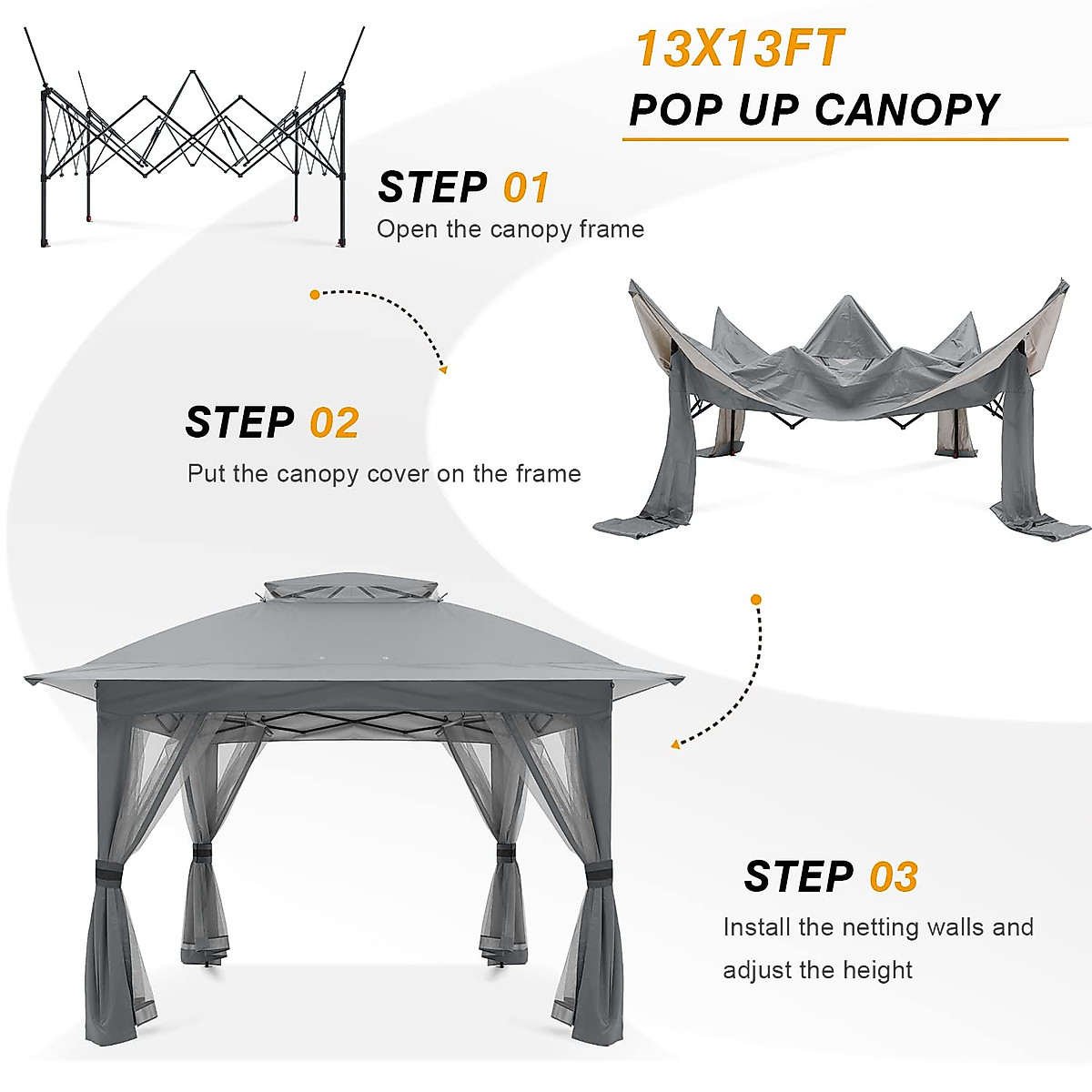 COOSHADE 13x13Ft Easy Pop Up Canopy Tent Instant Folding Shelter with Mosquito Netting Walls(Grey)