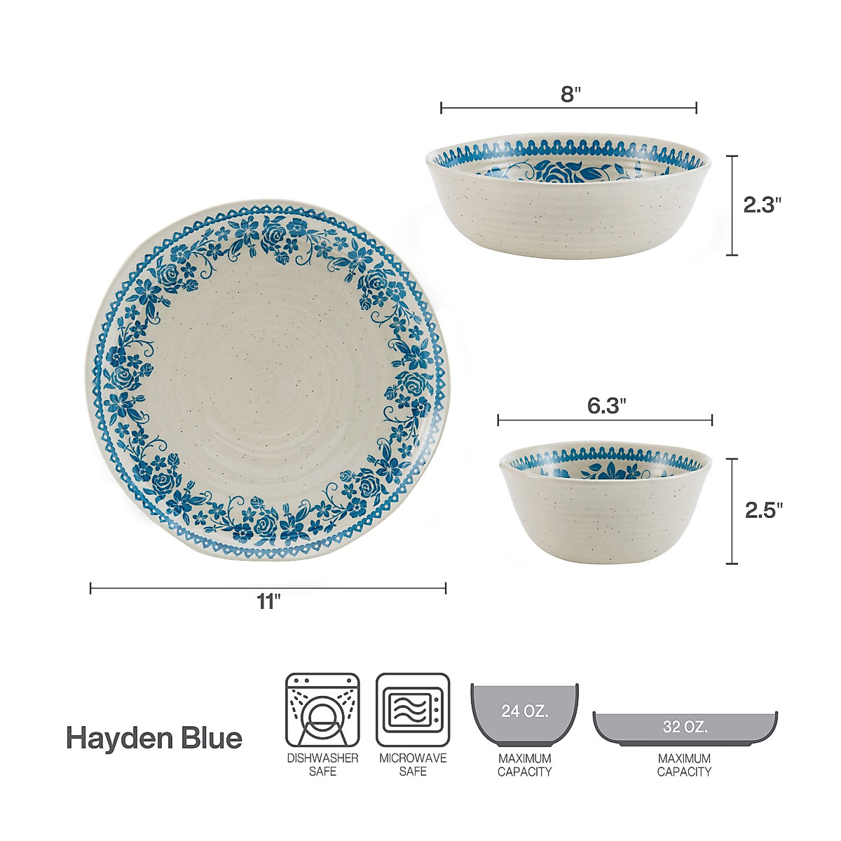 Pfaltzgraff Hayden Floral 12 Piece Dinnerware Set, Service for 4, Blue