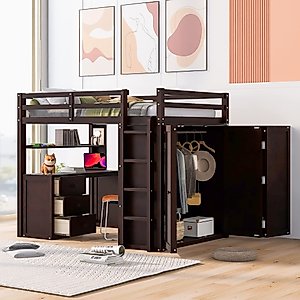 Merax Loft Bed Full Size Adult, Wooden Frame with Desk and Storage, Space-Saving Design with Wardrobe & 3 Drawers, for Teen Girls & Boys(Espresso)