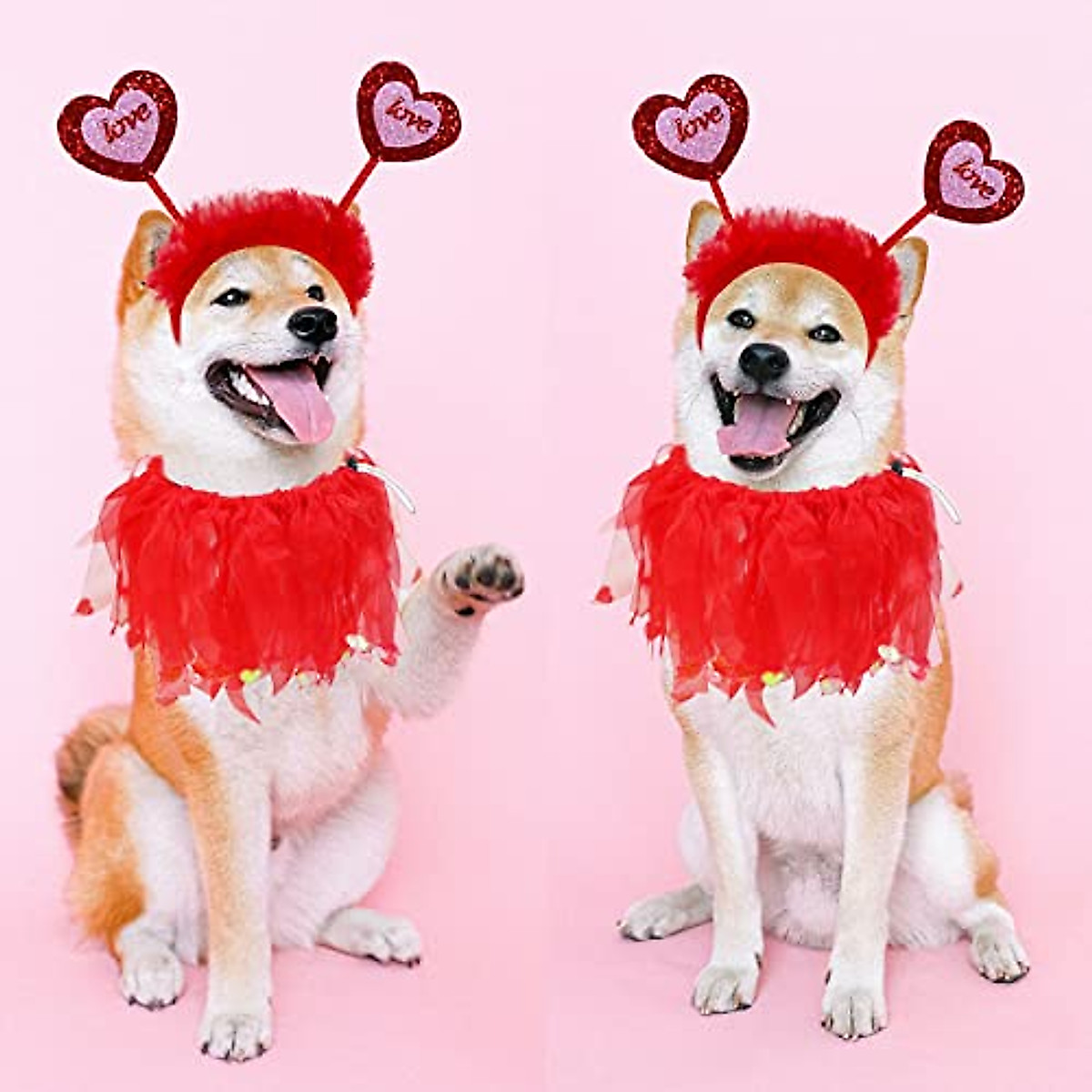 GOYOSWA Dog Valentines Outfit, Dog Valentine's Day Clothes Red Love Hearts Dog Headband Dog Collar with Red Ribbons Holiday Costumes for Small Medium Large Dogs