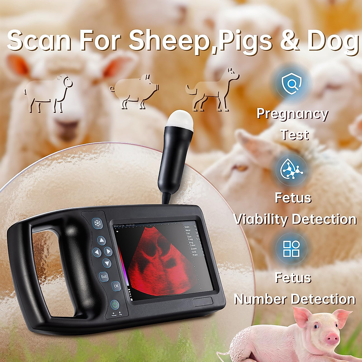 J1 Vet Ultrasound Machine Portable Veterinary Handheld Scanner B-Ultra Sound with 3.5MHz Probe for Pregnancy Pig,Sheep,Dog use