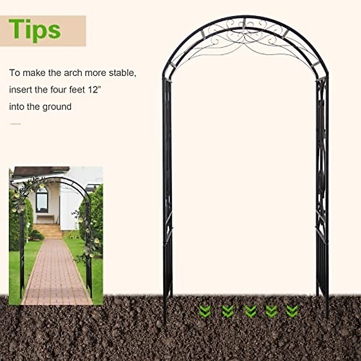 Peach Tree Outdoor Metal Garden Arch, 7' 3" H x 3' 11" W Iron Black Trellis Arbor Various Climbing Plant Growing Lawn Backyard