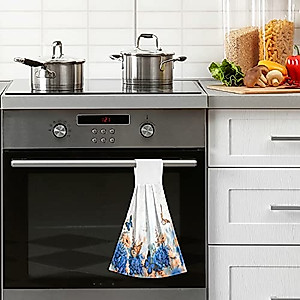 Butterflies Hanging Kitchen Towels Blue Flowers Floral Hand Towel 2PCS Dish Cloth Tie Towel Absorbent Oven Stove Washcloth with Loop for Bathroom Home Decorative