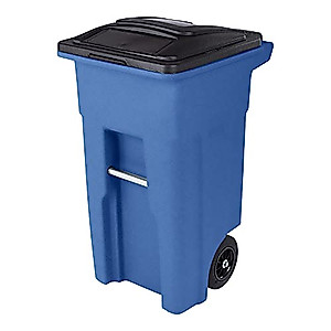 Toter 32 Gal. Blue Trash Can with Quiet Wheels and Attached Black Lid