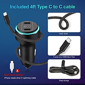 Dual USB C Super Fast Car Charger, GRNLFFF 60W Dual PD 30W All-Metal Adapter Compatible with iPhone 14/13/12/pro/pro max, iPad Pro, Samsung Galaxy S22 Ultra with 4FT Fast Type C to C Cable