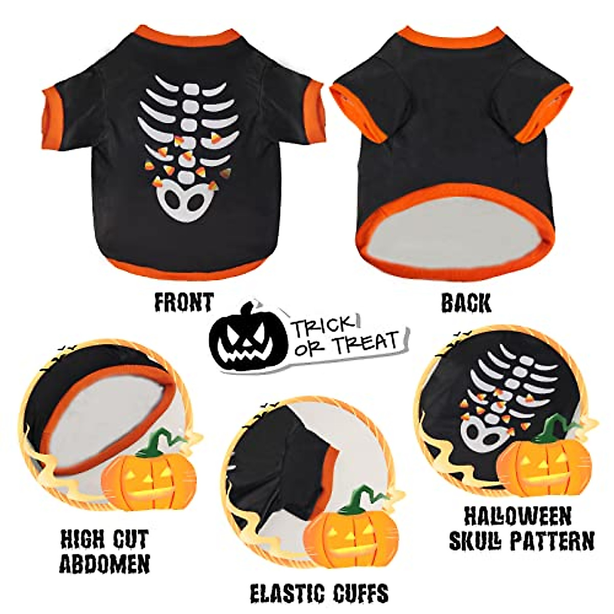 SGQCAR 4Pieces Dog Halloween Shirts Soft Cotton Ghost Skeletons Dog T-Shirt Funny Pet Pumpkin Head Costume for Small Dogs Puppy Cosplay Apparel (Pumpkin, Large)