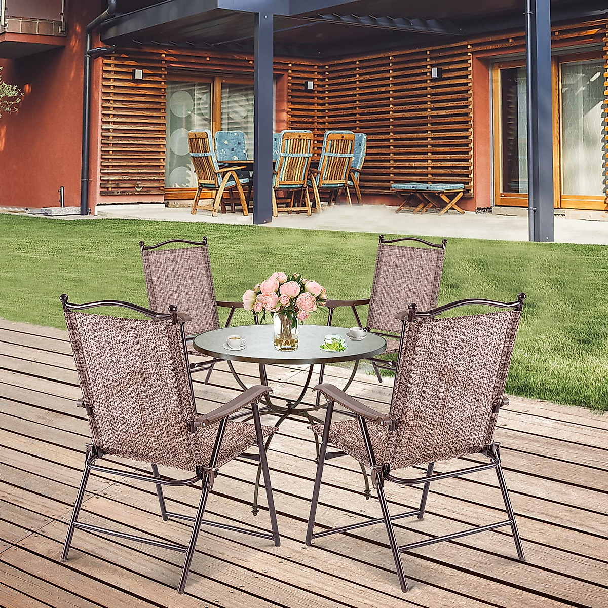 Tangkula Set of 2 Patio Folding Dining Chairs, Outdoor Sling Lawn Chairs with Armrests, Steel Frame, Portable Camping Lounge Chairs for Backyard, Deck, Poolside and Garden, No Assembly (Brown)