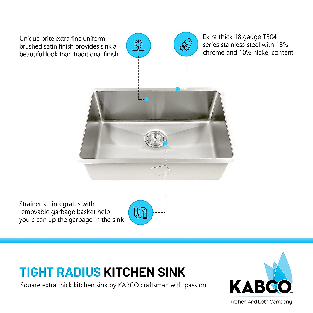 KABCO 18 Gauge 27 Inch Single Bowl Undermount Stainless Steel Kitchen Sink with 2 Pieces Sink Accessories, Rust Resistant Sound and Heatproof Laser Cut Tight Radius Sink for Indoor or Outdoor Kitchens