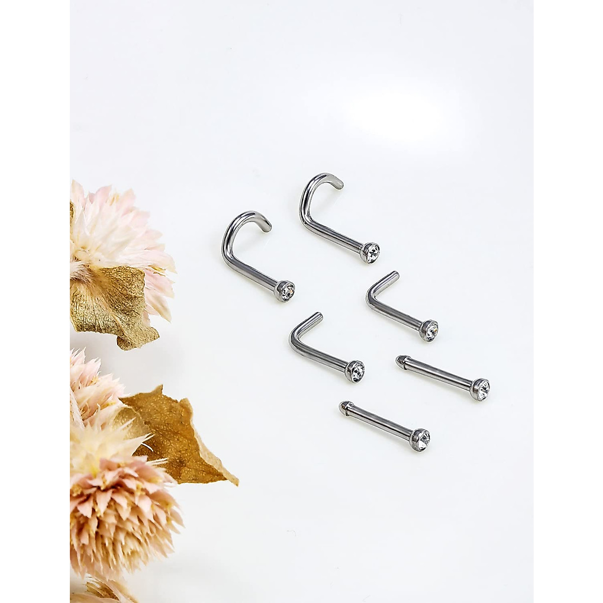 Vsnnsns G23 Titanium Nose Rings for Women 18G Bone L Shaped Nose Studs Screw Nose Rings CZ 2mm Titanium Nose Piercing Jewelry for Men 6Pcs
