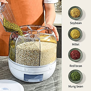 VIKKSAER Rotating Grain Dispenser, 6 Grid Rotating Food Dispenser With Button Moisture Resistant Household, Cereal Containers For All Beans, Barley, Millet (8.2Qt)