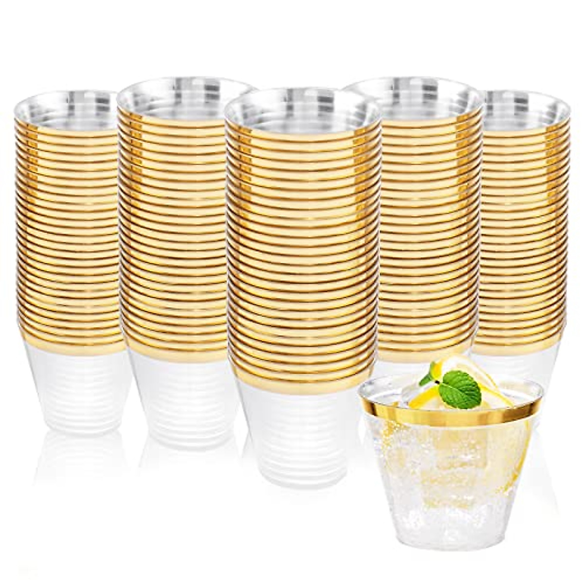 Nervure 120PCS Gold Plastic Cups - 9Oz Gold Rimmed Plastic Cups - Heavy Duty Disposable Clear Plastic Cups with Gold Rim Perfect for Weddings, Receptions & Parties