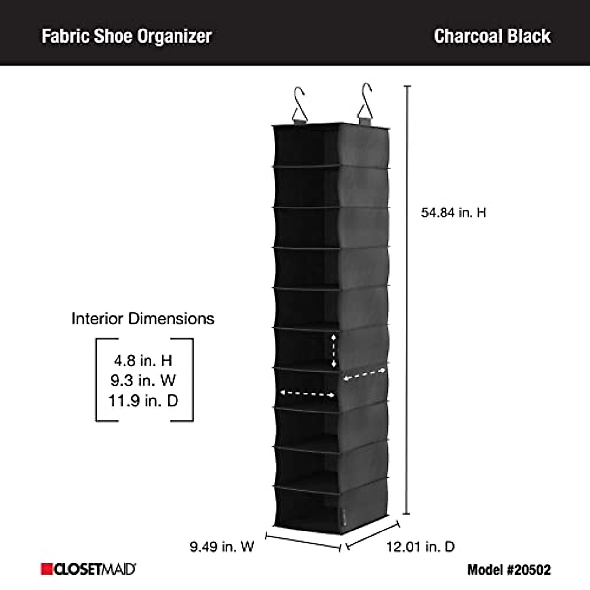 ClosetMaid 20502 10-Shelf Fabric Hanging Closet Organizer for Shoes, Hats, Handbags, Clothes with Charcoal Black Finish