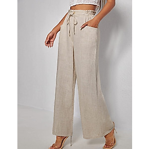 Ugerlov Women's Paperbag Waist Drawstring Linen Pants Wide Leg High Waisted Lounge Casual Trousers with Pockets, Apricot, XL