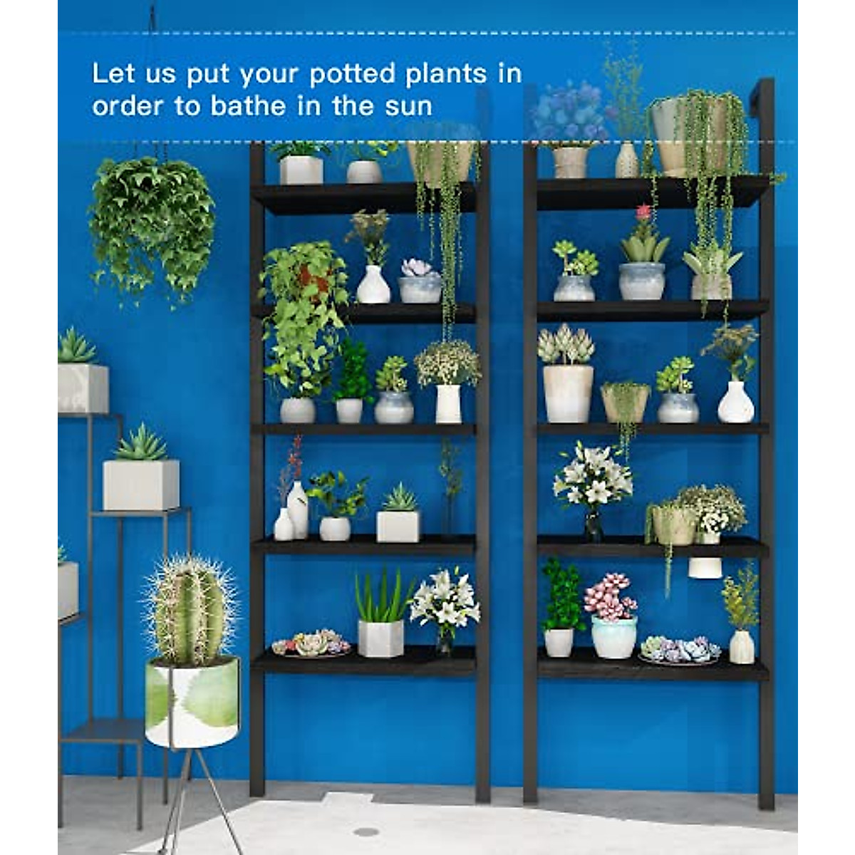 DKLGG 5-Tier Book Shelf Rack Against The Wall, Tall Ladder Shelf Wooden Bookcase Metal Frame Storage Plant and Flower, Single Standing Bookshelf Ladder ​for Living Room, Bedroom, Balcony, Home Office